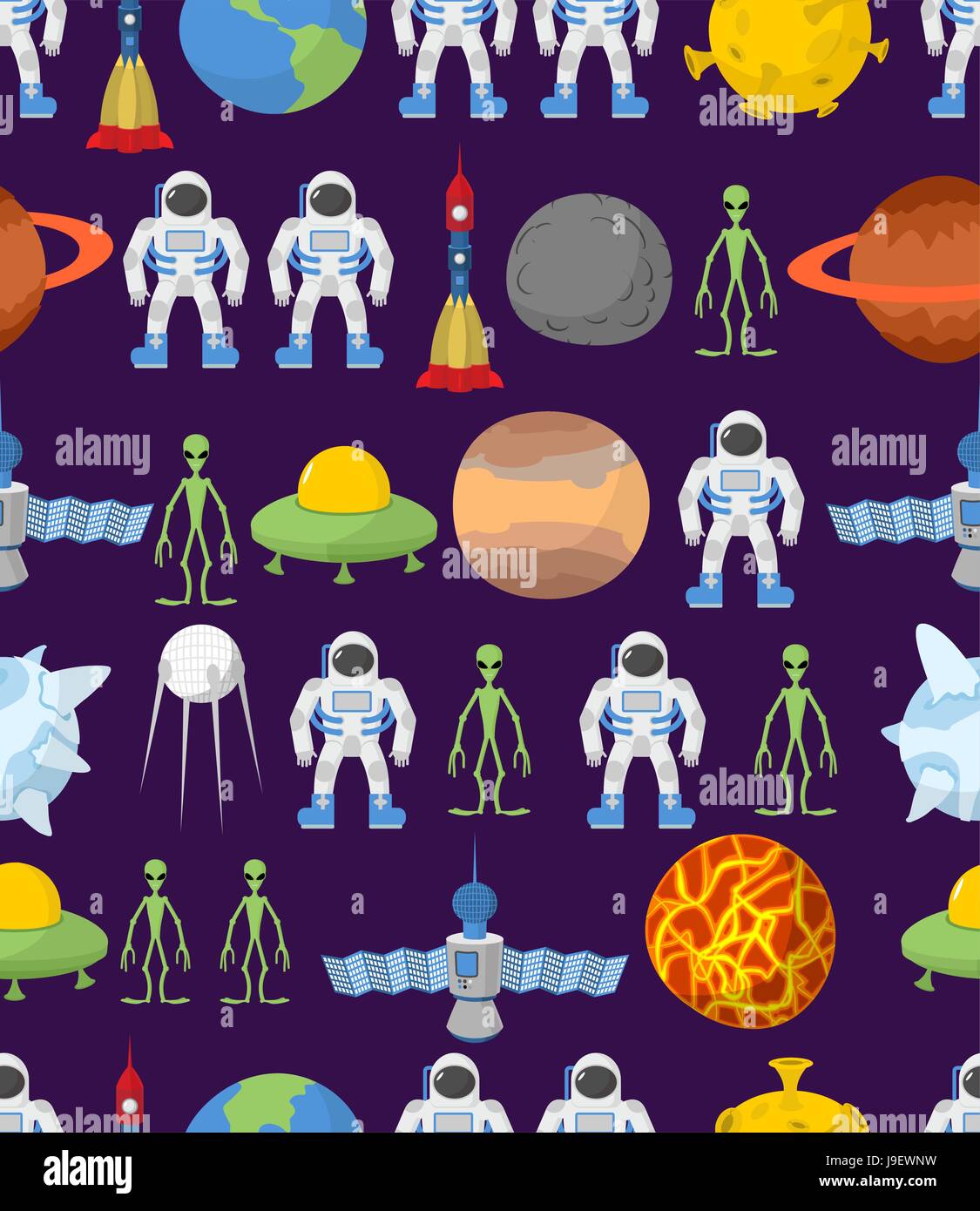 Cosmos seamless background, ornament. Spacecraft rockets and UFO. Moons ...