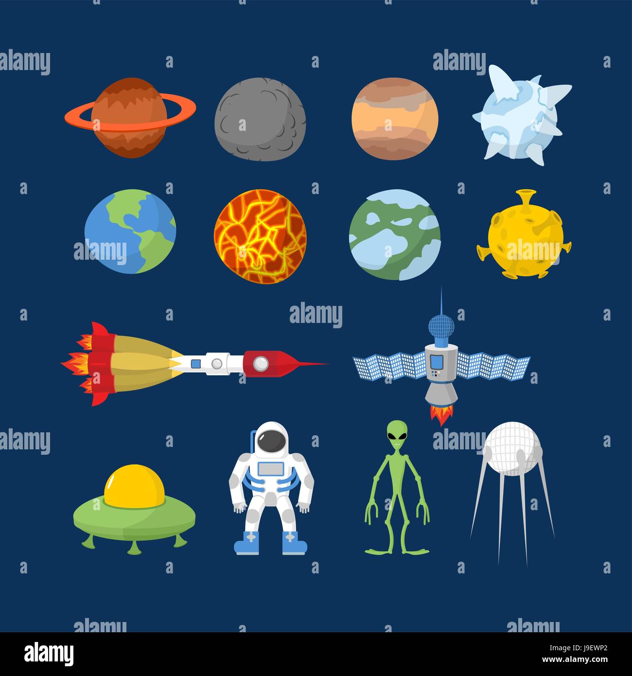 Space set of icons. Vector Illustrator. Cartoon heroes: alien and UFO ...