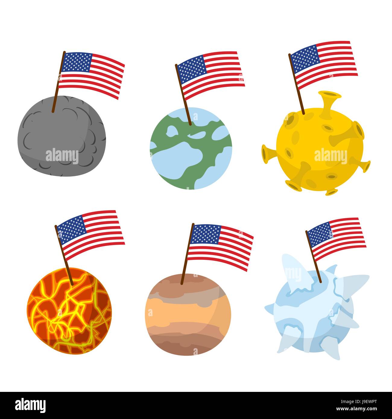 Planets of solar system with flag of America. Discoverers of new ...