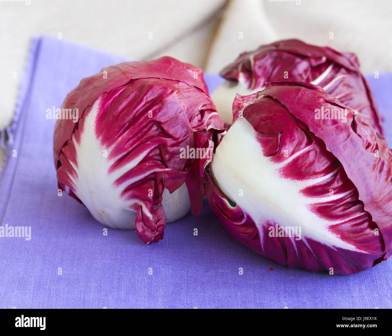 Red chicory on a violet linen cloth.Close up Stock Photo - Alamy