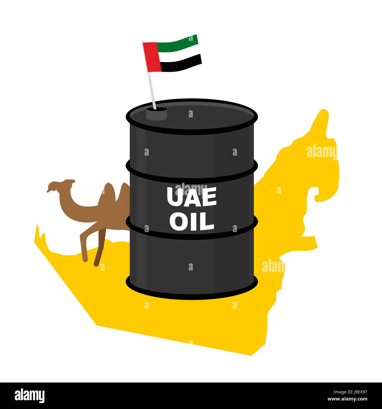 Barrel oil UAE map background. Flag United Arab Emirates. Camel peeks ...