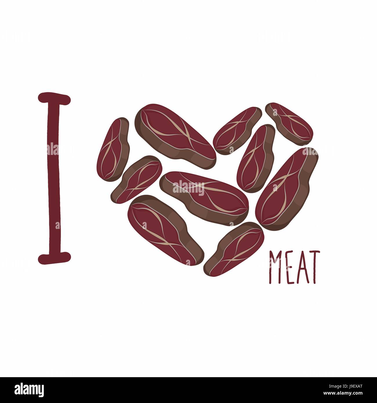 I love meat. Heart symbol steaks. Pieces of fried pork or beef. Vector ...
