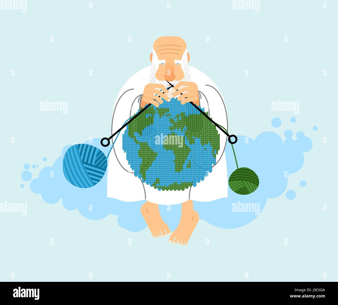 God sitting on cloud and knit planet Earth. Creation of Earth. An ...