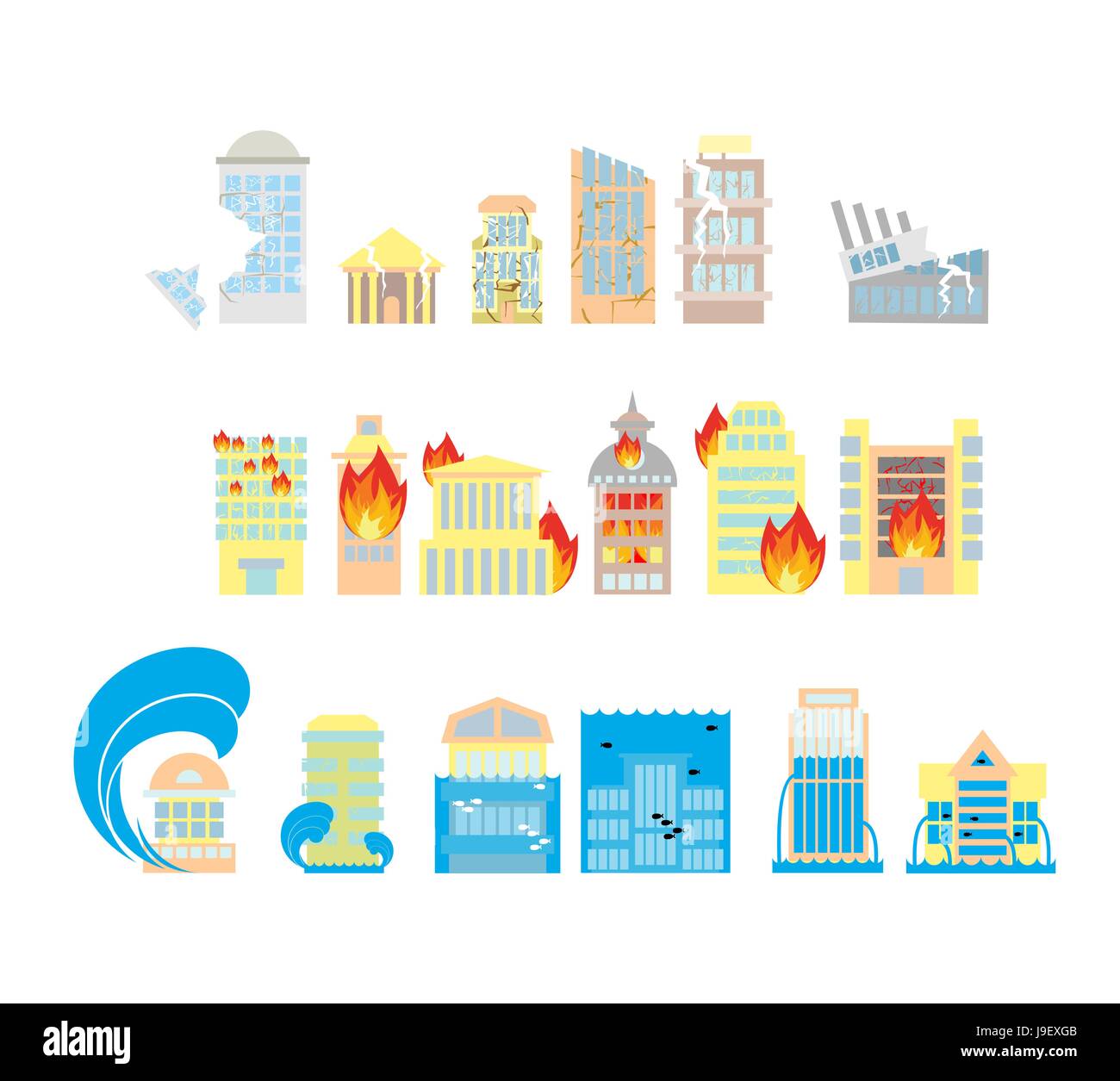 Disaster icon collection. Destruction of buildings set of icons ...