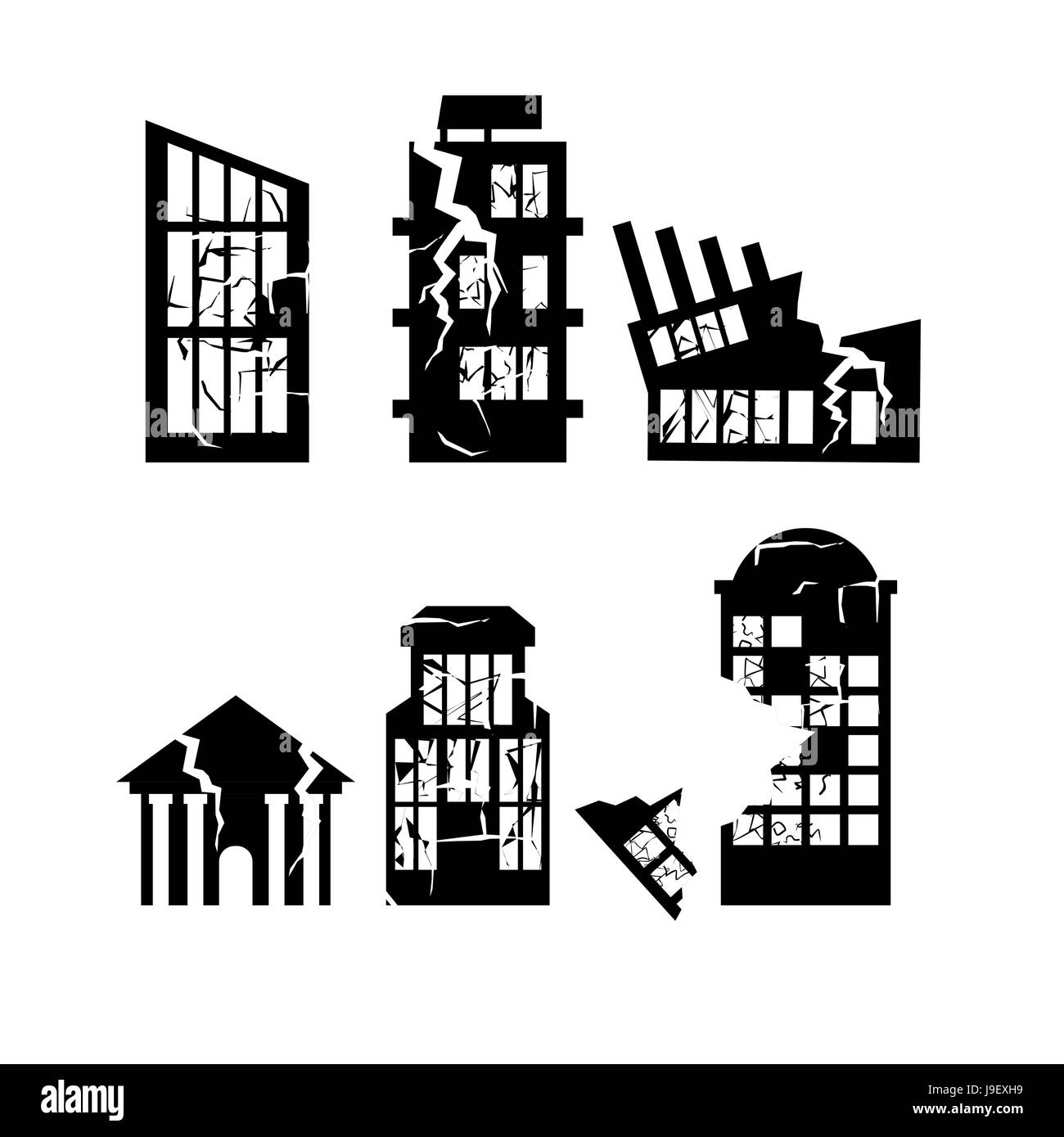 Set of destroyed buildings. Home after earthquake. Skyscrapers and ...