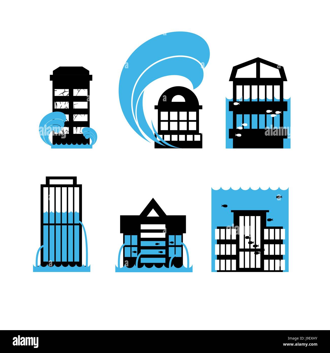 Flood and tsunami icons set houses. Flooding of buildings. Public ...