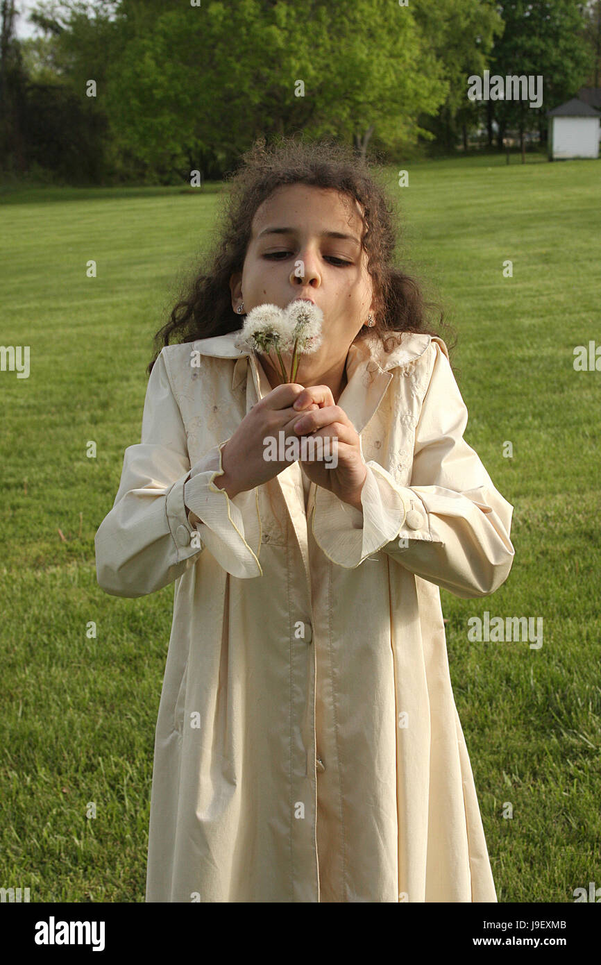 Girl blowing into dandelion puffs Stock Photo - Alamy