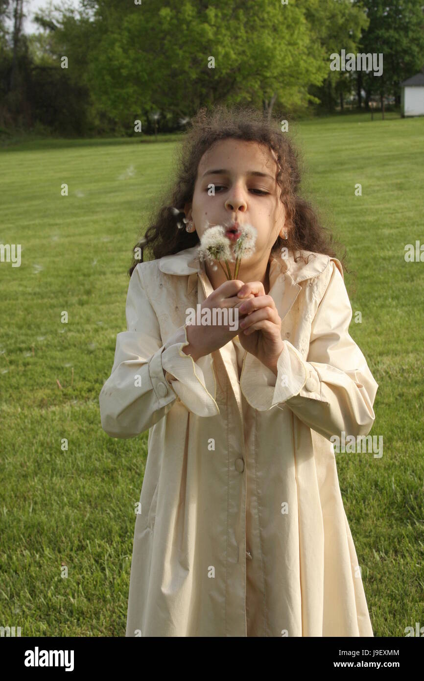 Girl blowing into dandelion puffs Stock Photo - Alamy