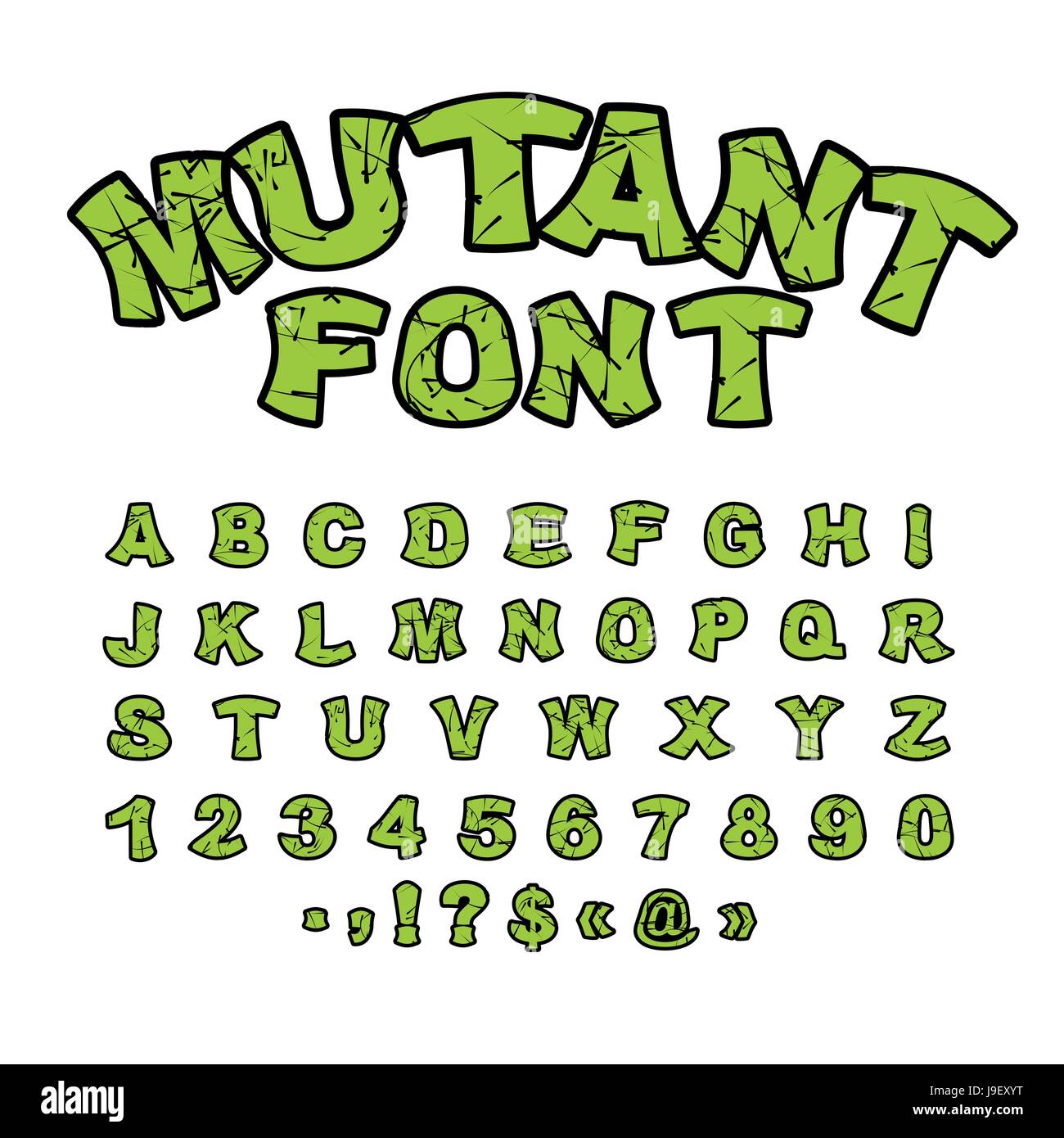 Mutant font. Green rough comic alphabet in style. Abstract ABC. Rough ...