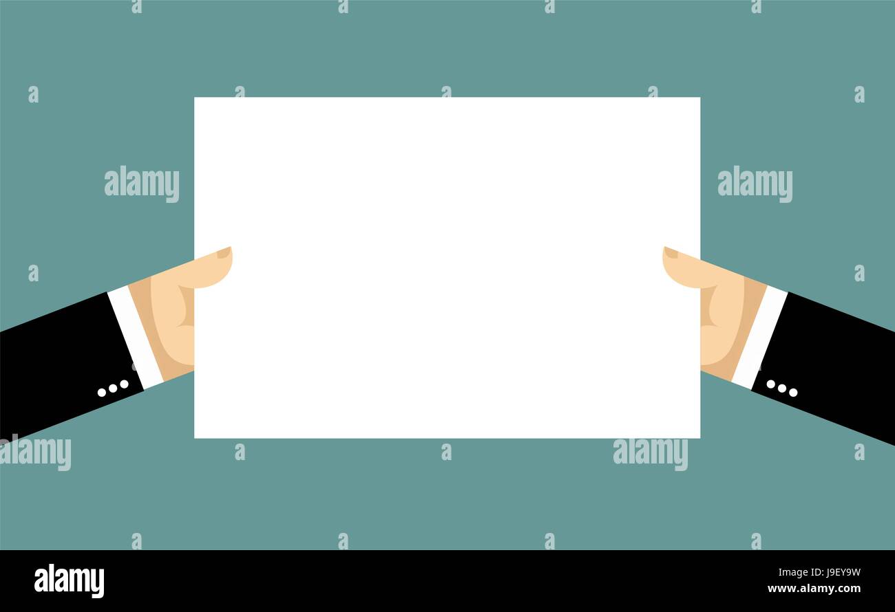Businessman hands and billboard. Two hands hold white sheet of paper ...