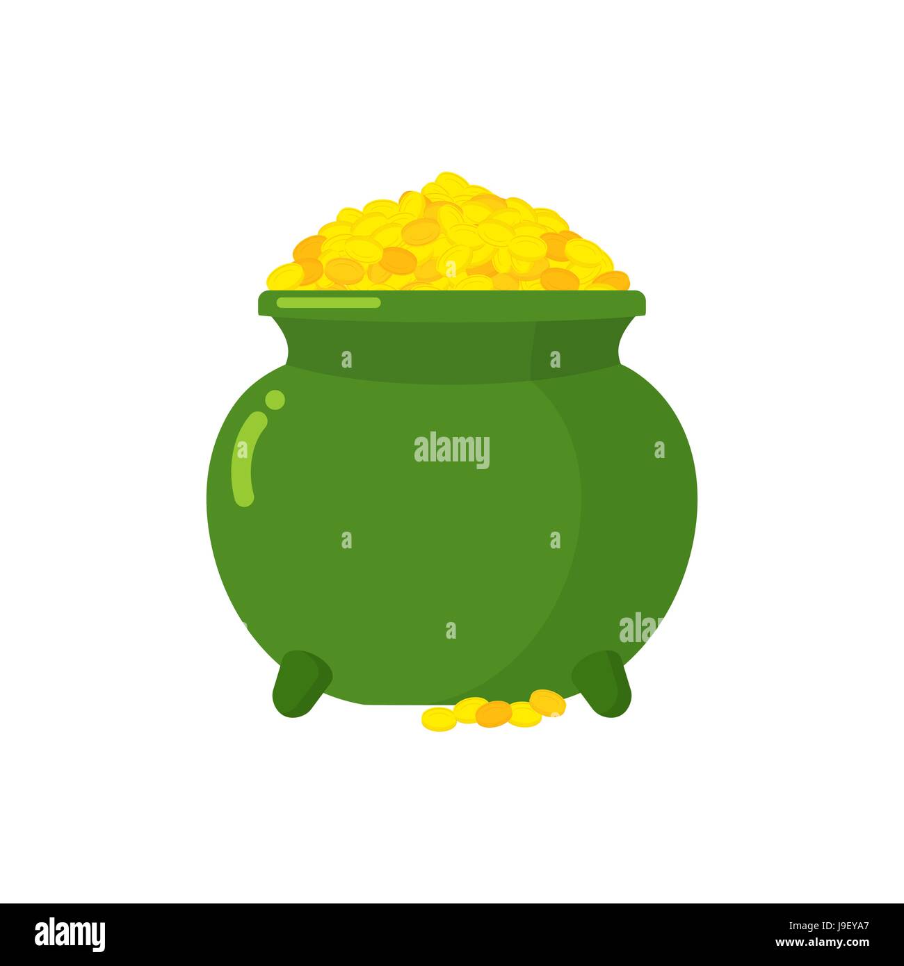 Pot of gold. Green big mythical pot with full gold coins. Lot of money ...