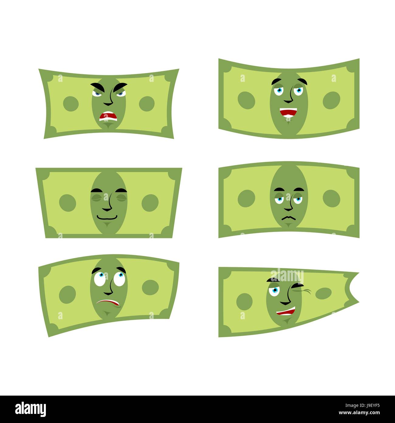 Set money. Dollar with emotions. Cheerful and angry cash. Surprise and ...