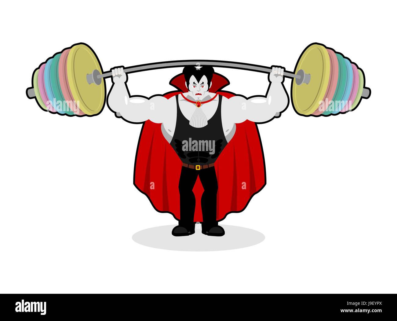 Dracula and barbell. Gym over his head. Exercises on shoulders. Strong ...