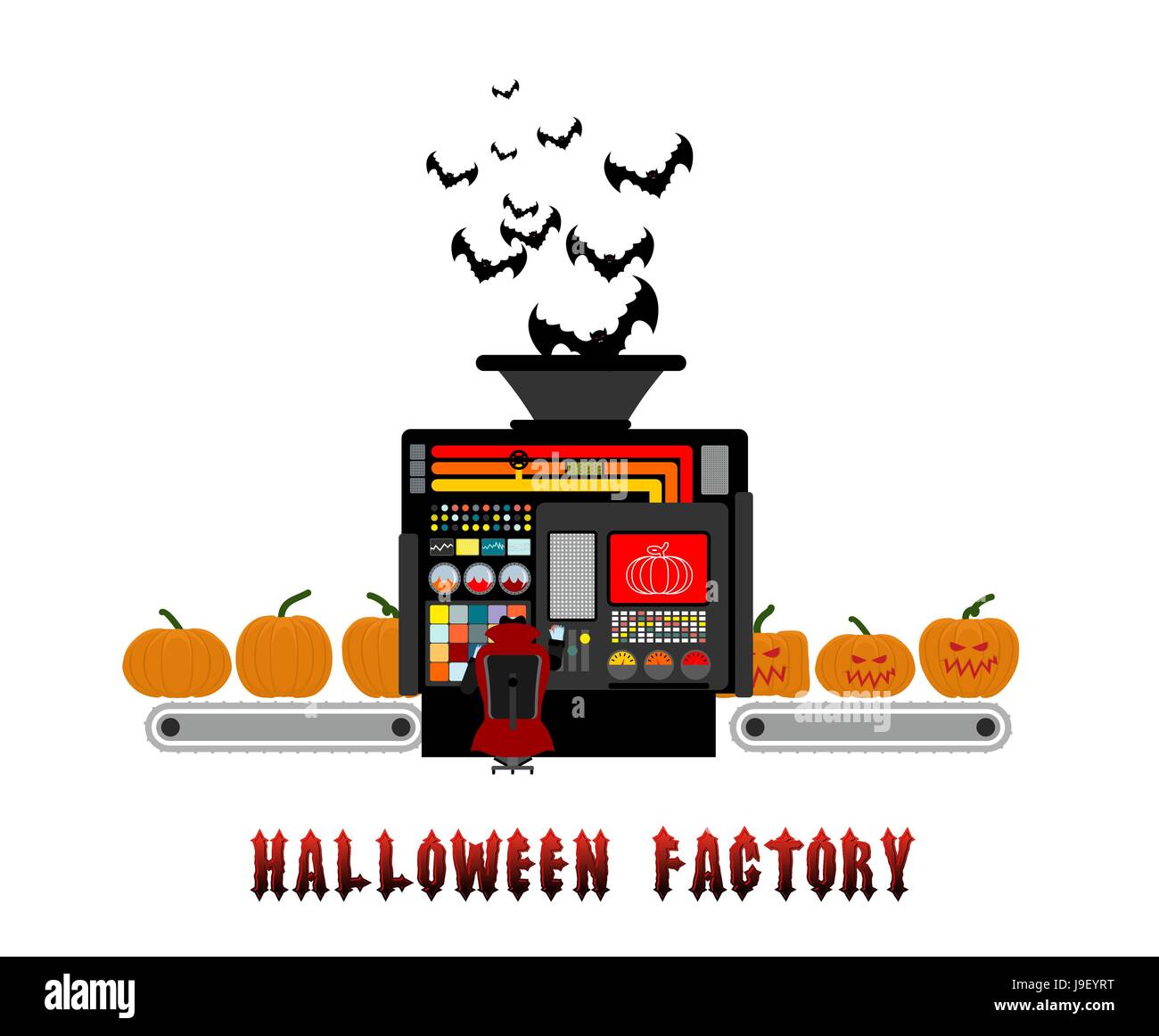 Halloween factory. device manufacturing scary pumpkin. Vegetables and ...