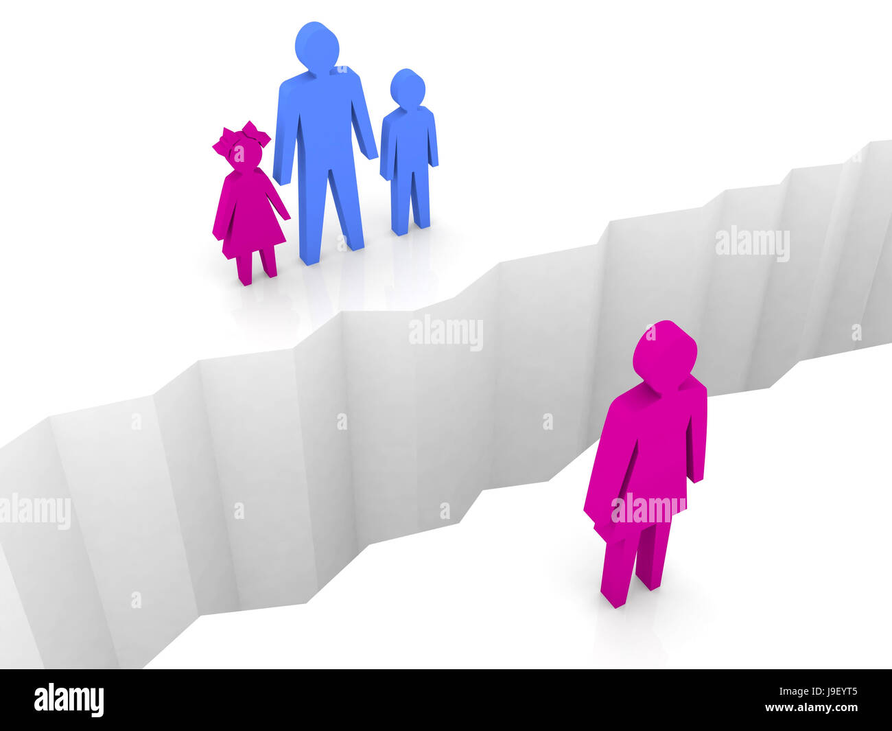 Woman and man with children split on sides, separation crack. Concept ...
