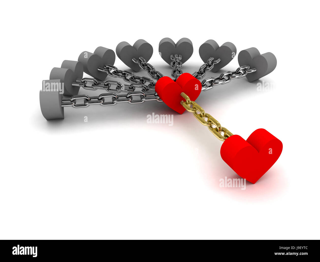 Seven gray hearts holding one red heart. Dependence on bad relations ...