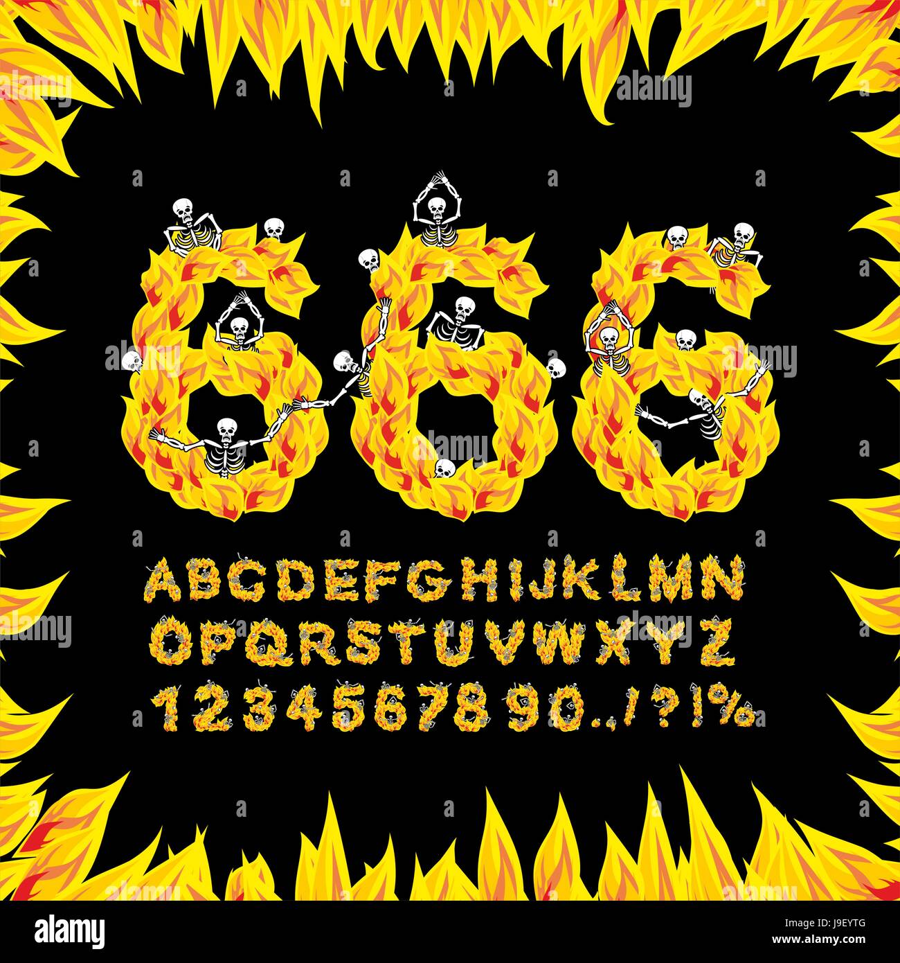 666 font. Hell ABC. Fire letters. Sinners in fiery Gehenna. Infernal ...