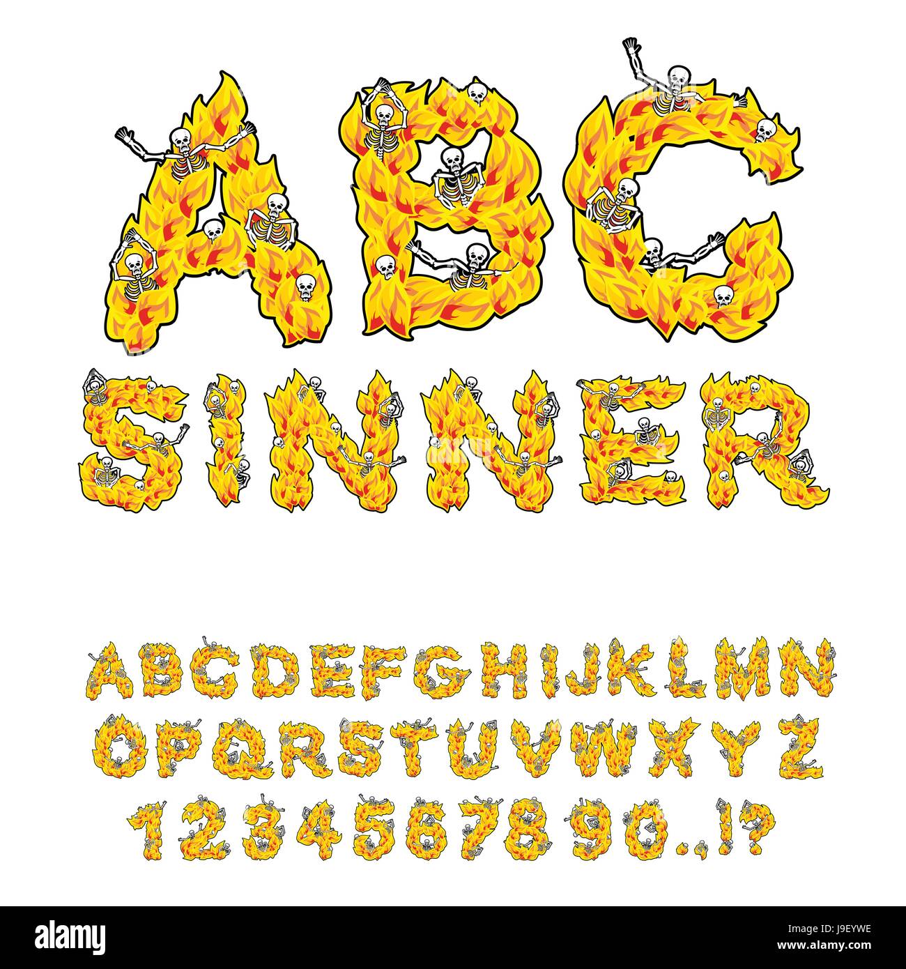 Sinner font. Letters from flames. Skeletons in hell fire. Hellfire and ...