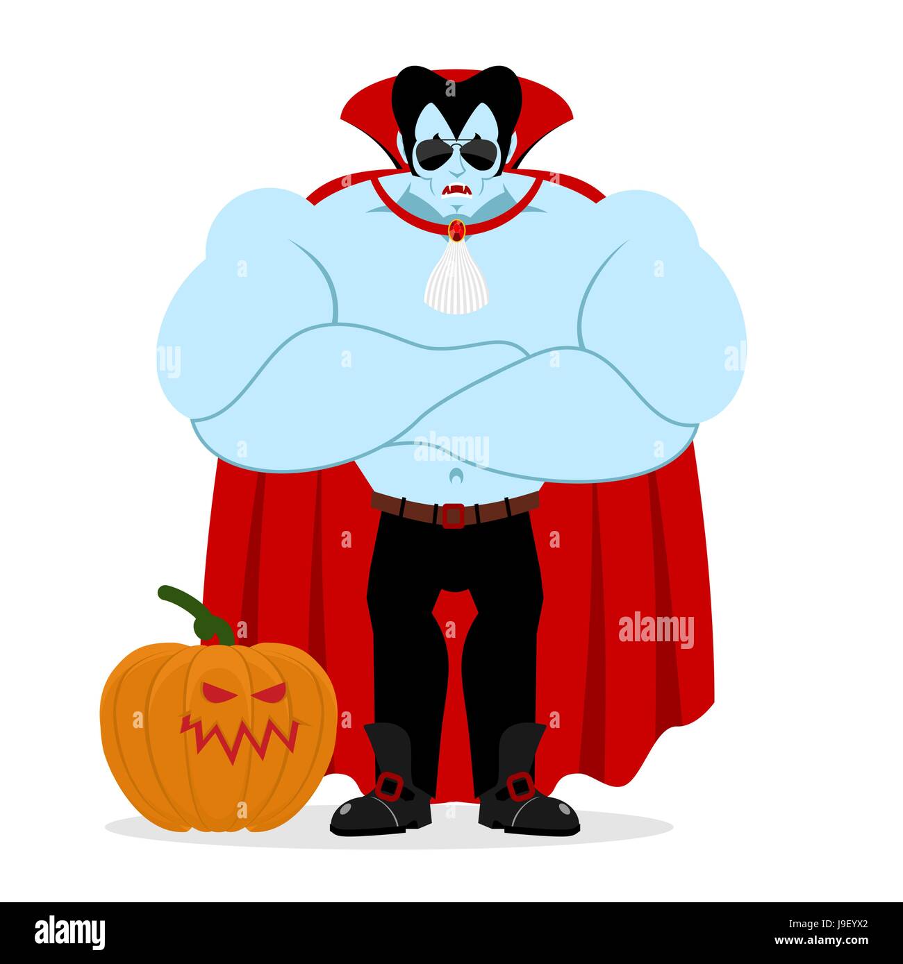 Dracula and pumpkin. Serious Powerful vampire guards vegetable. Strong ...