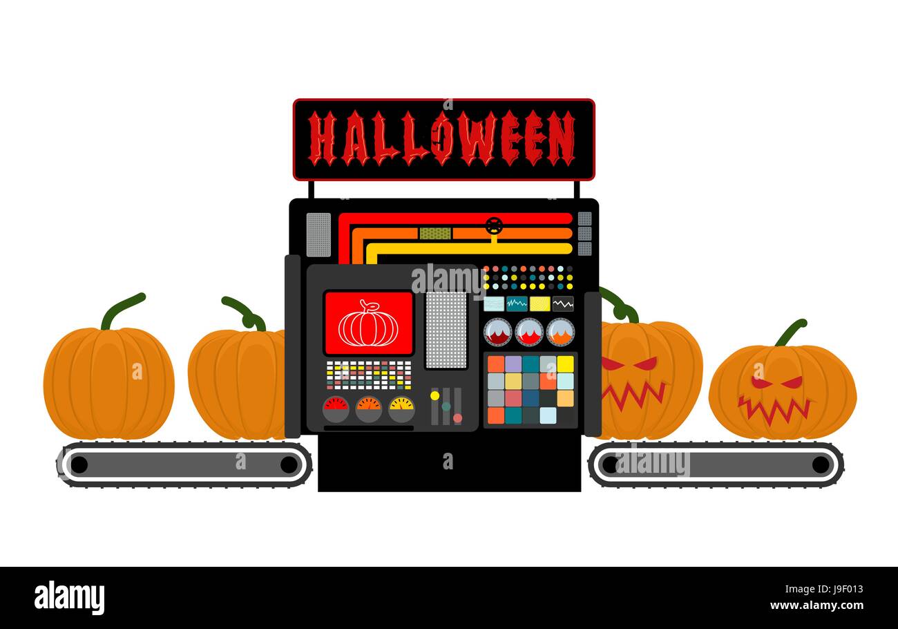 Halloween factory. Device manufacturing scary pumpkin. Vegetables and ...