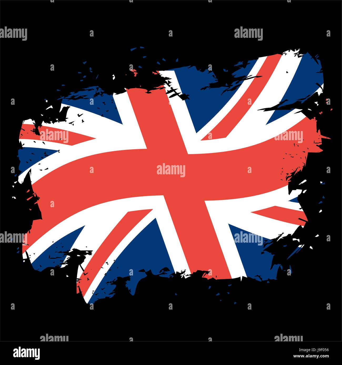 UK flag grunge style on black background. Brush strokes and ink ...