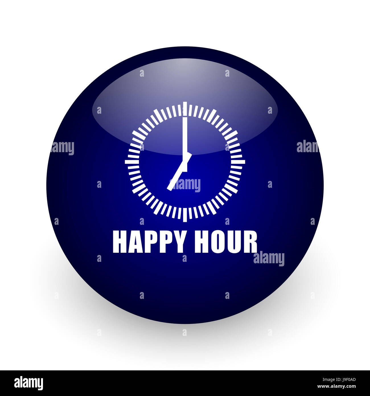 Happy hour blue glossy ball web icon on white background. Round 3d ...