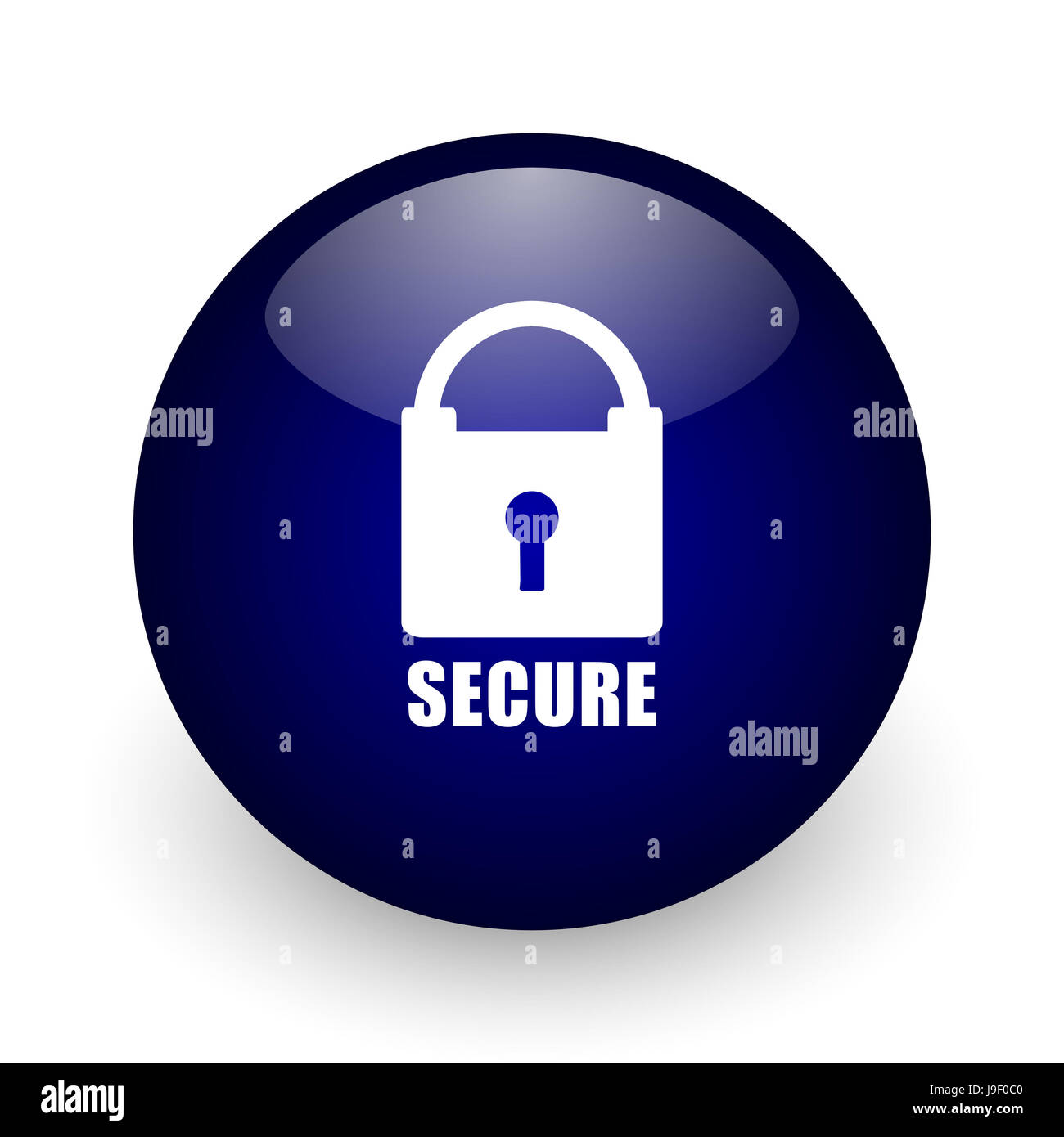 Secure blue glossy ball web icon on white background. Round 3d render ...