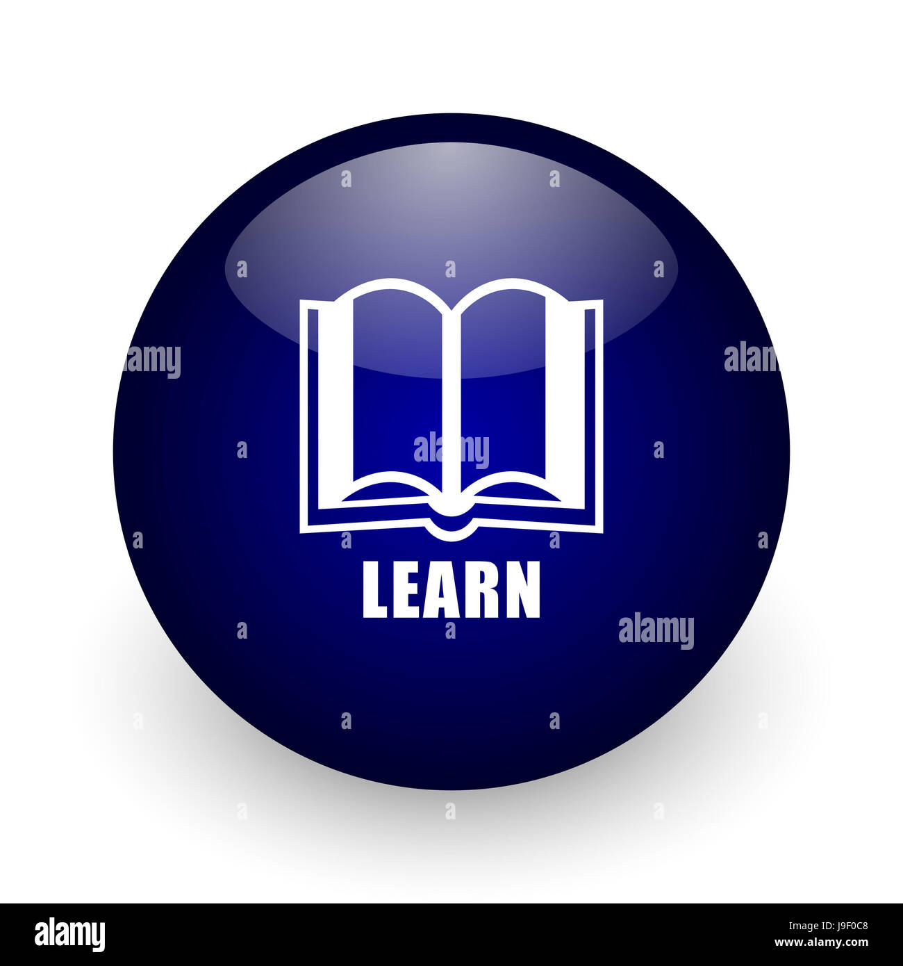 Learn blue glossy ball web icon on white background. Round 3d render ...