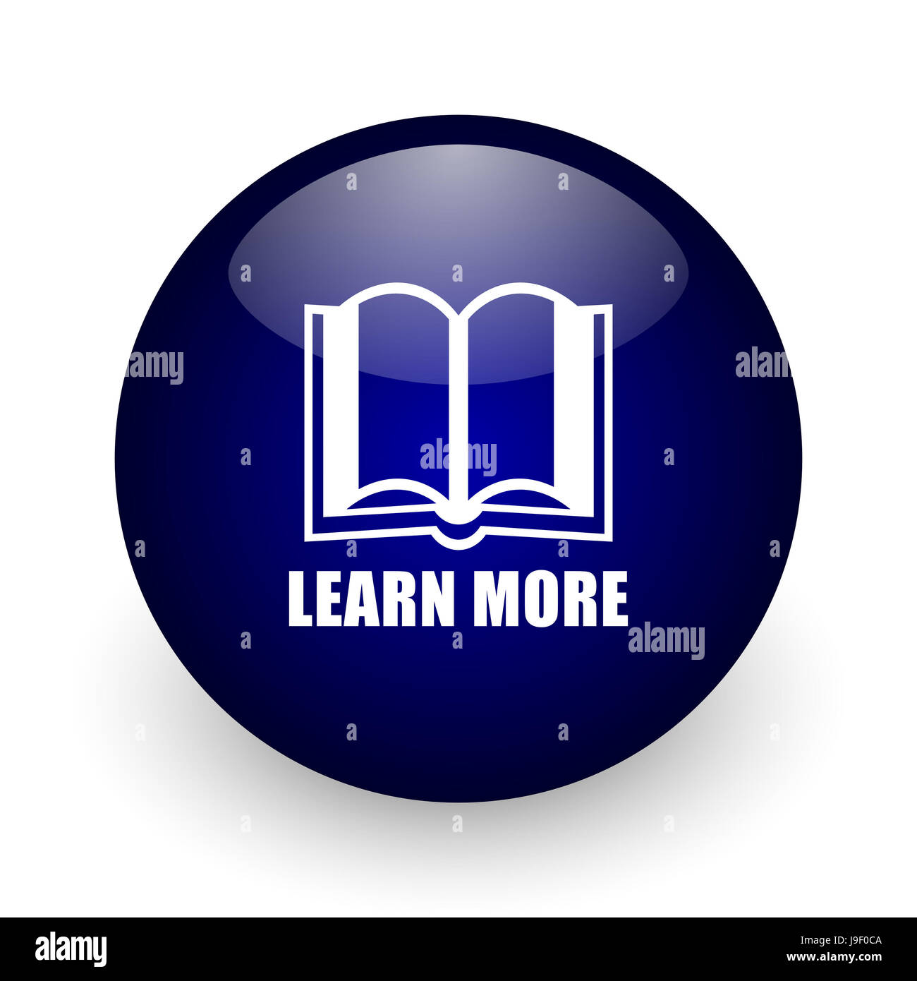Learn more blue glossy ball web icon on white background. Round 3d ...