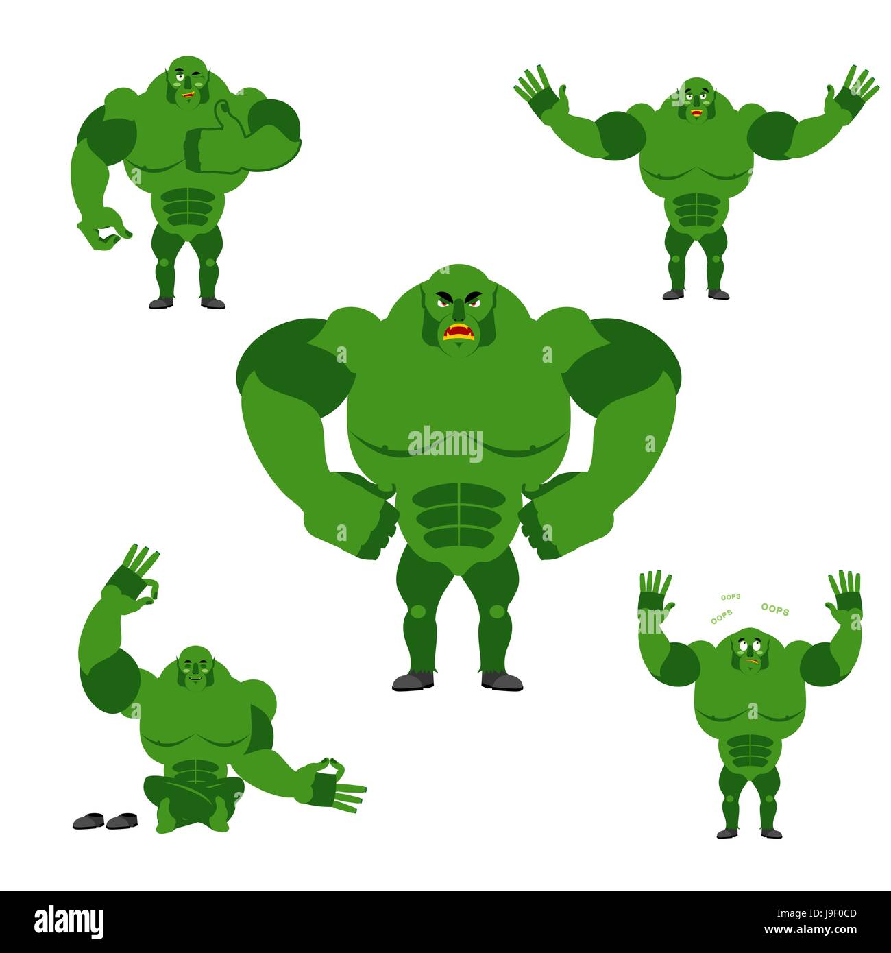 Ogre set poses. Expression of emotions green monster. Evil and good ...