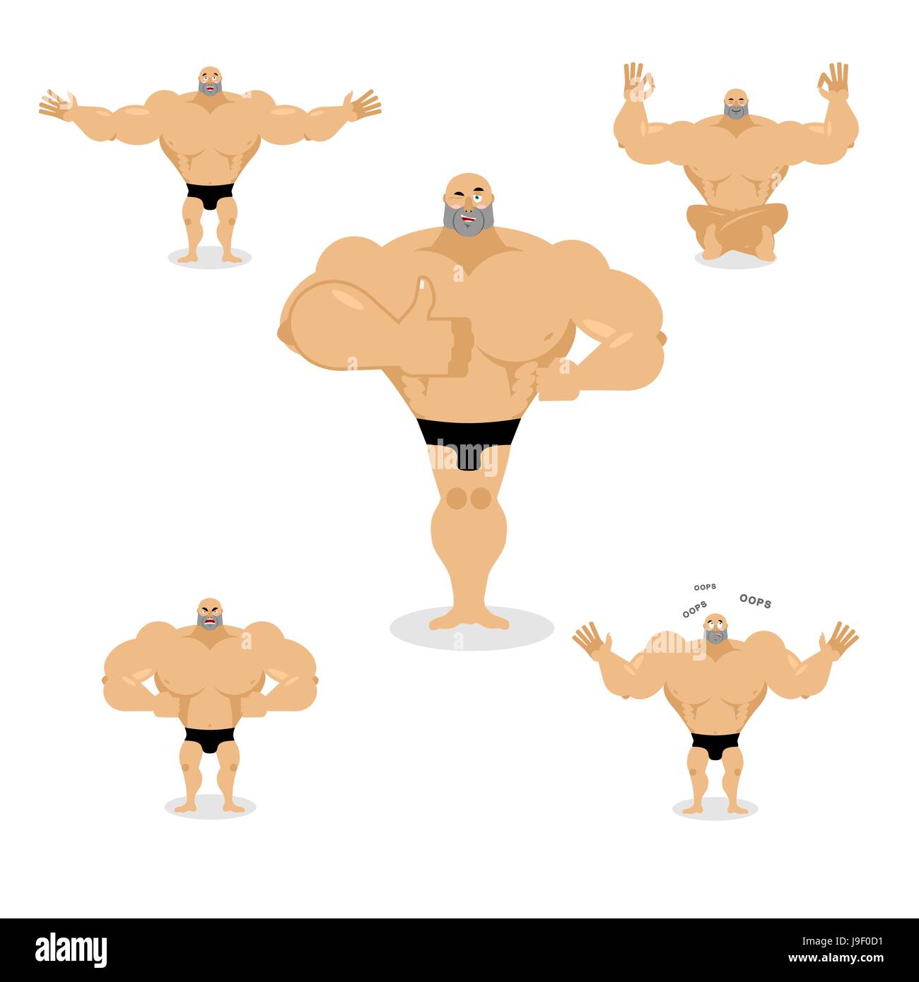 Muscled set poses. Expression of emotions athlete. Evil and good big ...