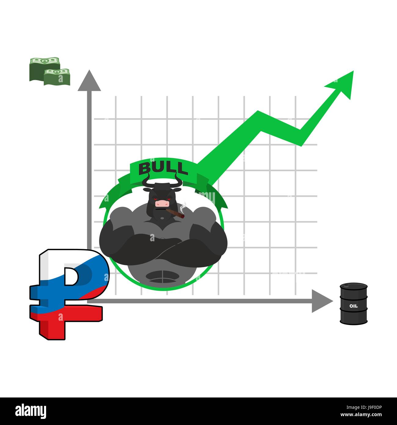 Bull and graph growth of Russian ruble. Quotations increase money in ...