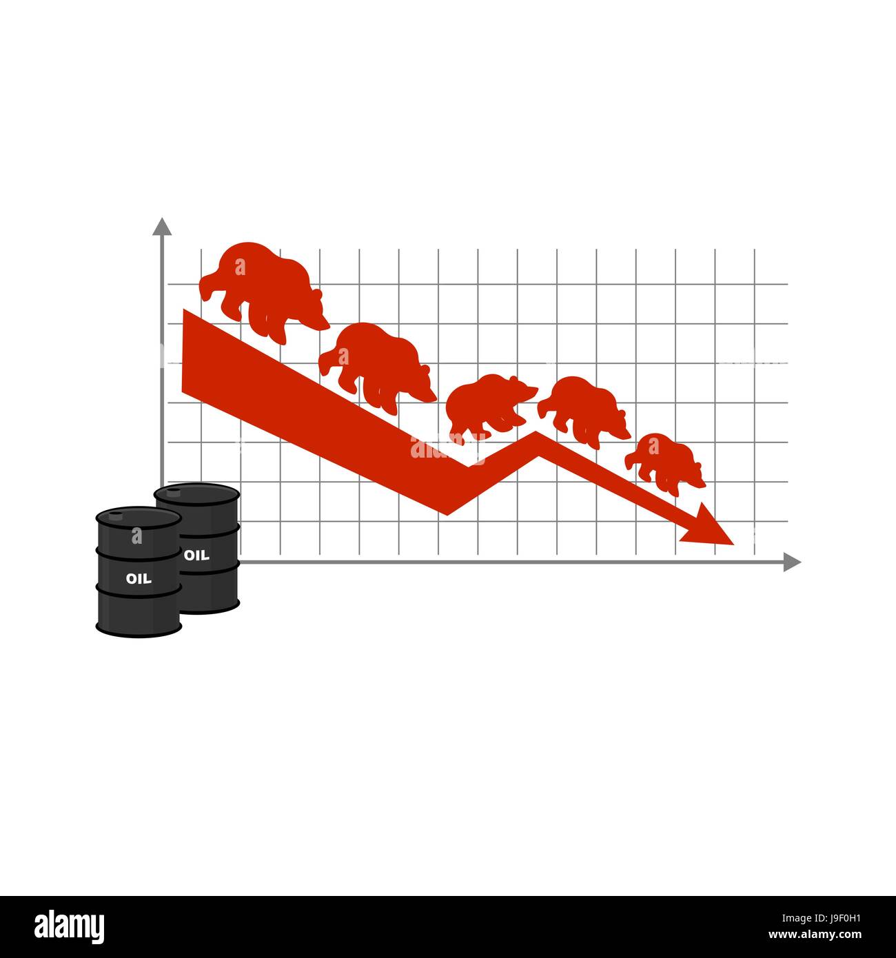 Fall of oil. Oil quotations. Barrel of oil. Red down arrow. Bears are ...