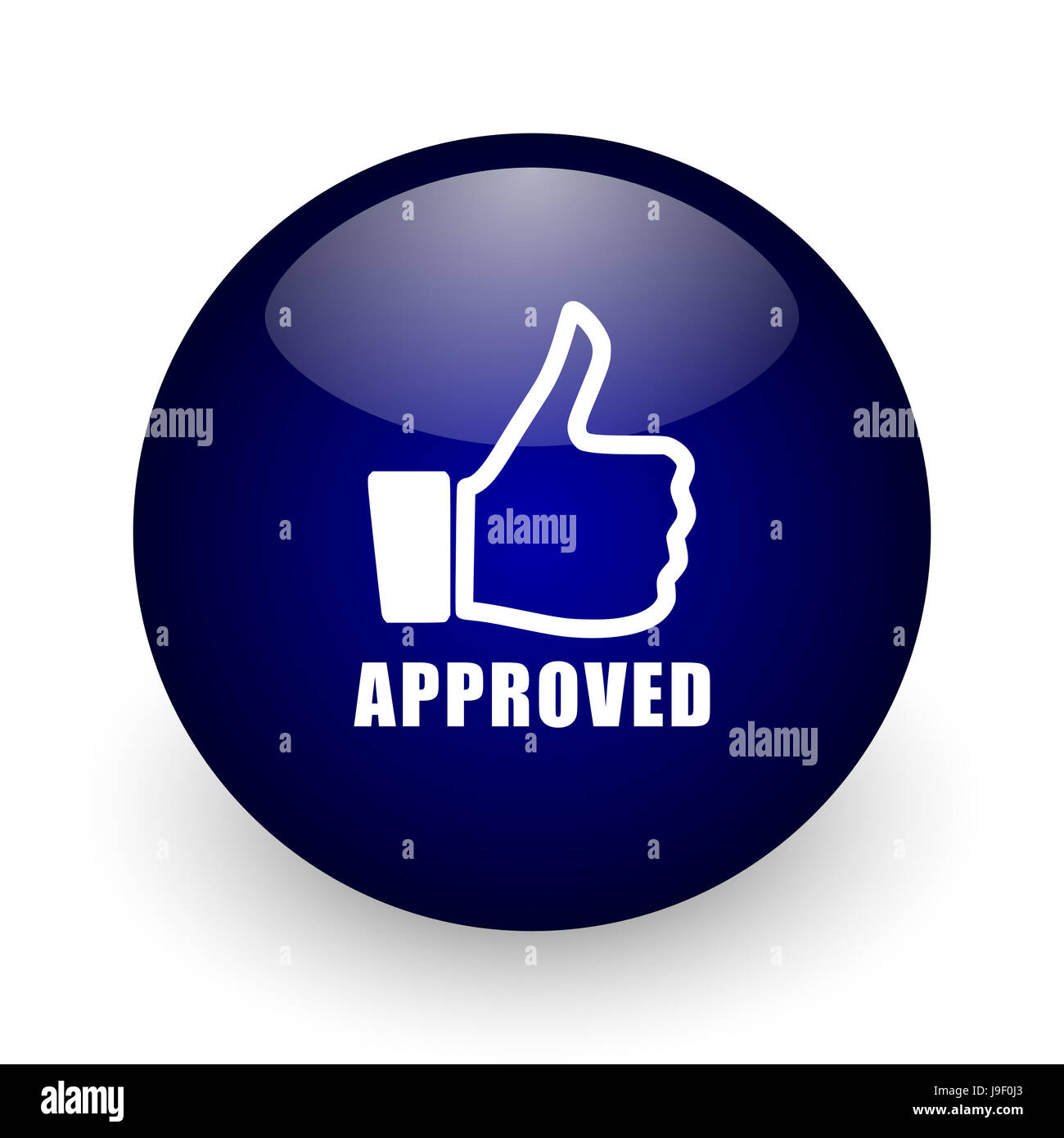 Approved blue glossy ball web icon on white background. Round 3d render ...