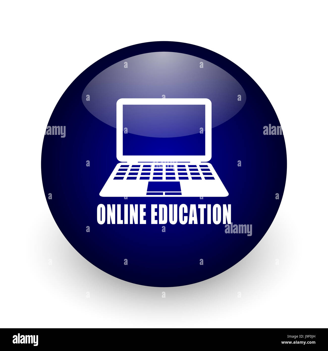 Online education blue glossy ball web icon on white background. Round ...