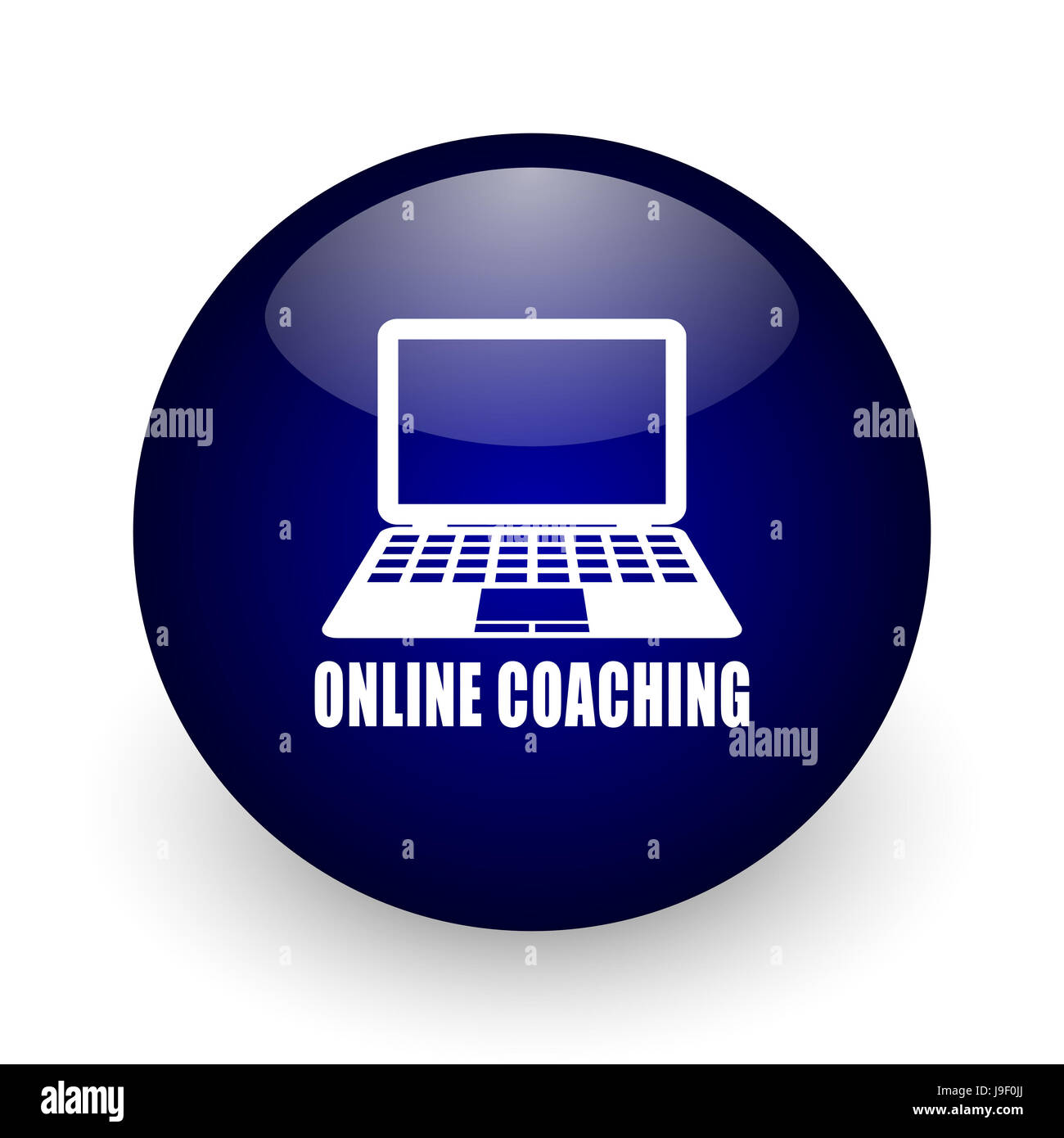 Online coaching blue glossy ball web icon on white background. Round 3d ...