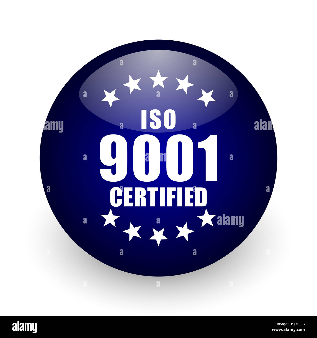 Iso 9001 blue glossy ball web icon on white background. Round 3d render ...