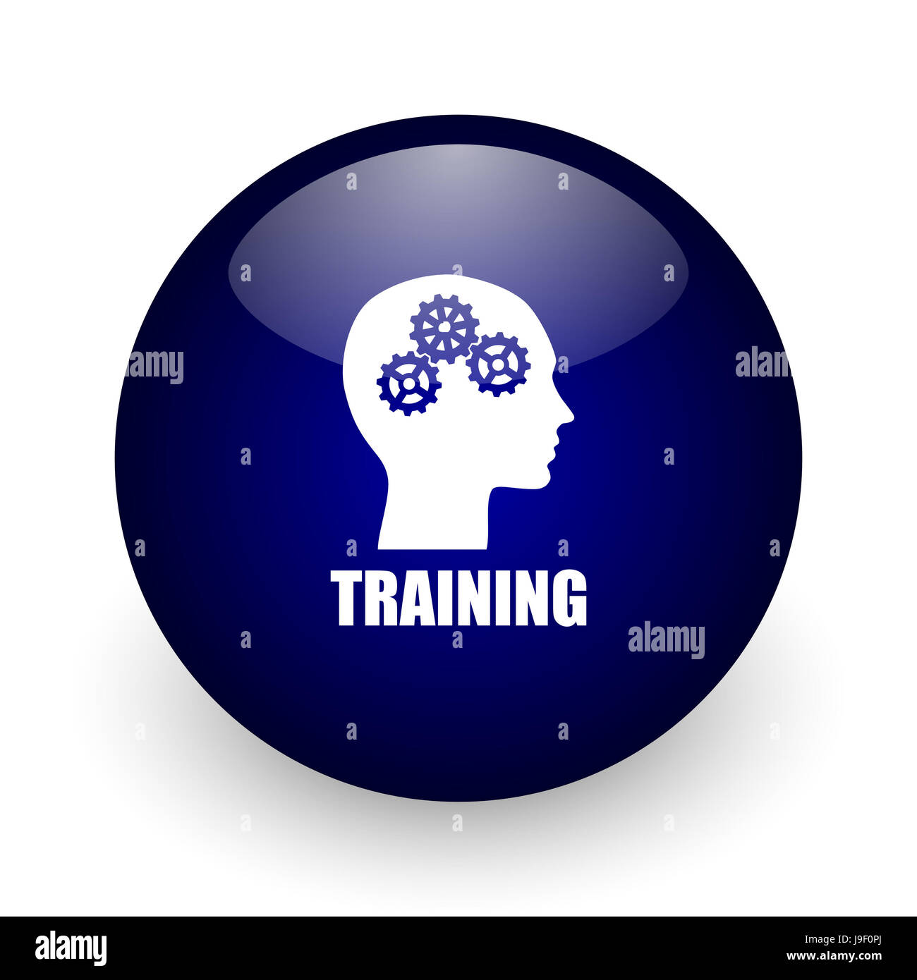 Training blue glossy ball web icon on white background. Round 3d render ...