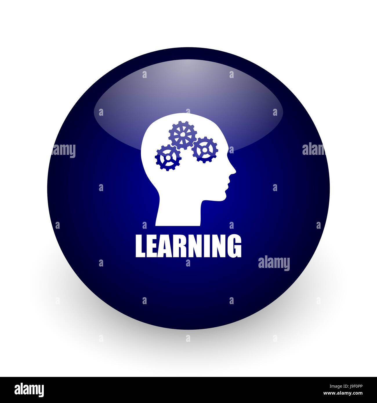 Learning blue glossy ball web icon on white background. Round 3d render ...