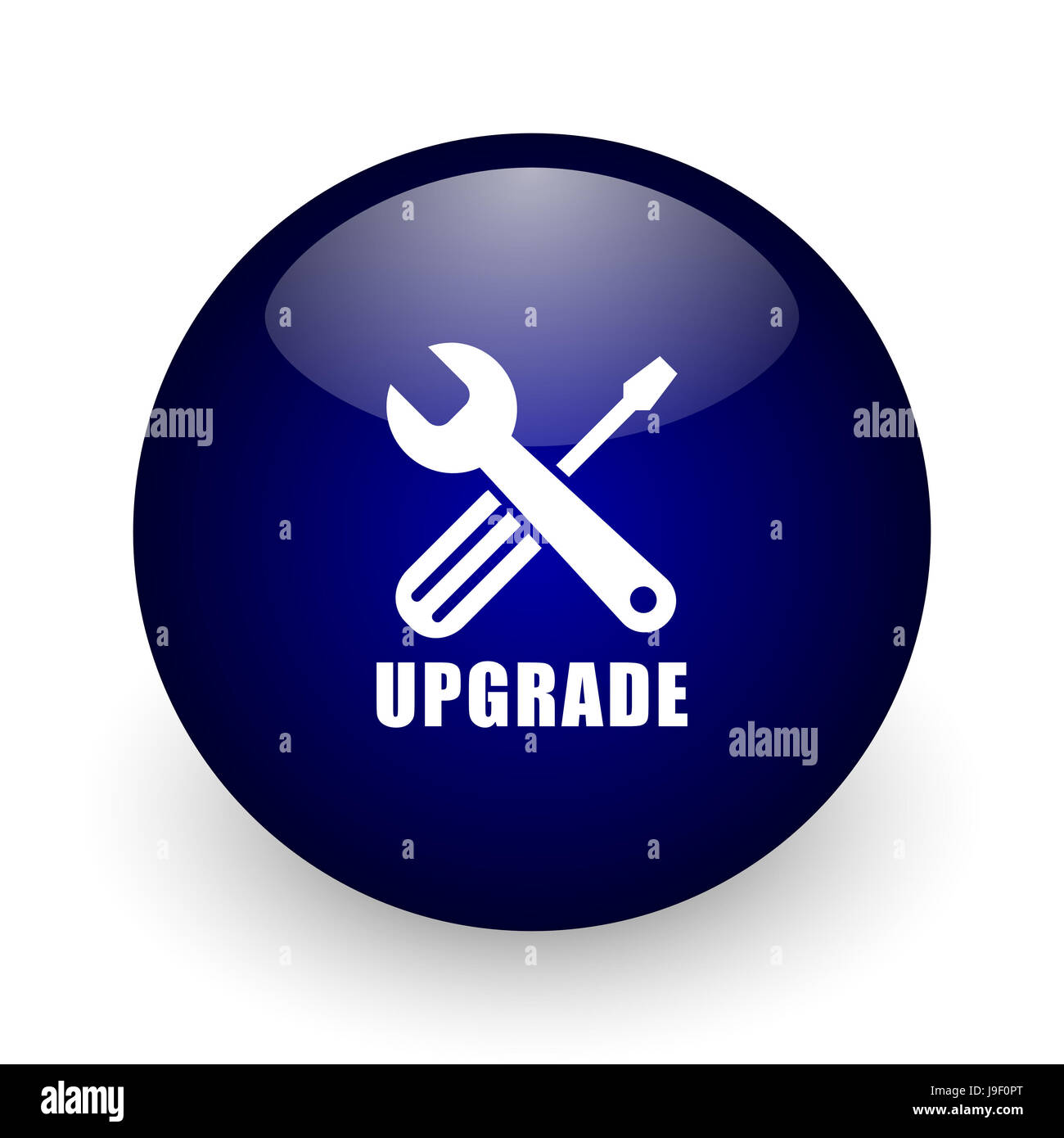 Upgrade blue glossy ball web icon on white background. Round 3d render ...