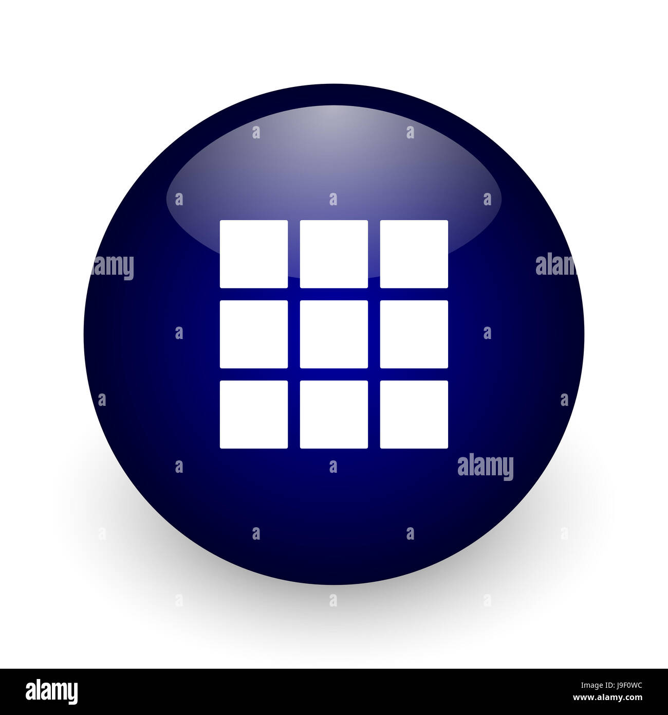 Thumbnails grid blue glossy ball web icon on white background. Round 3d ...