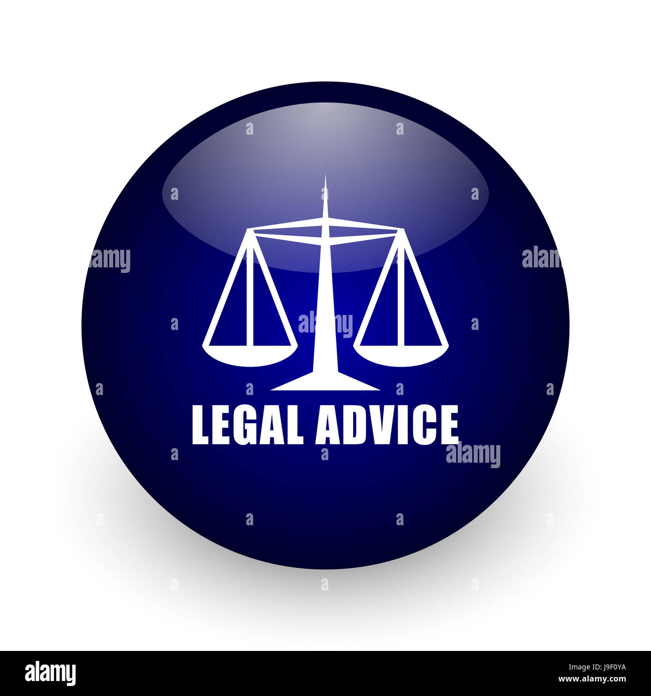 Legal advice blue glossy ball web icon on white background. Round 3d ...