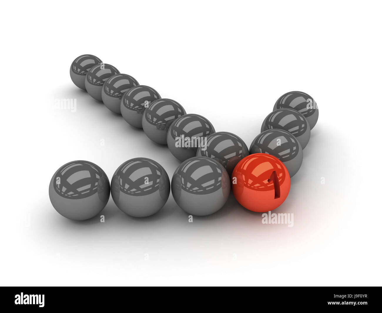 Grey arrow of the balls with the red leader in front. Concept 3D ...
