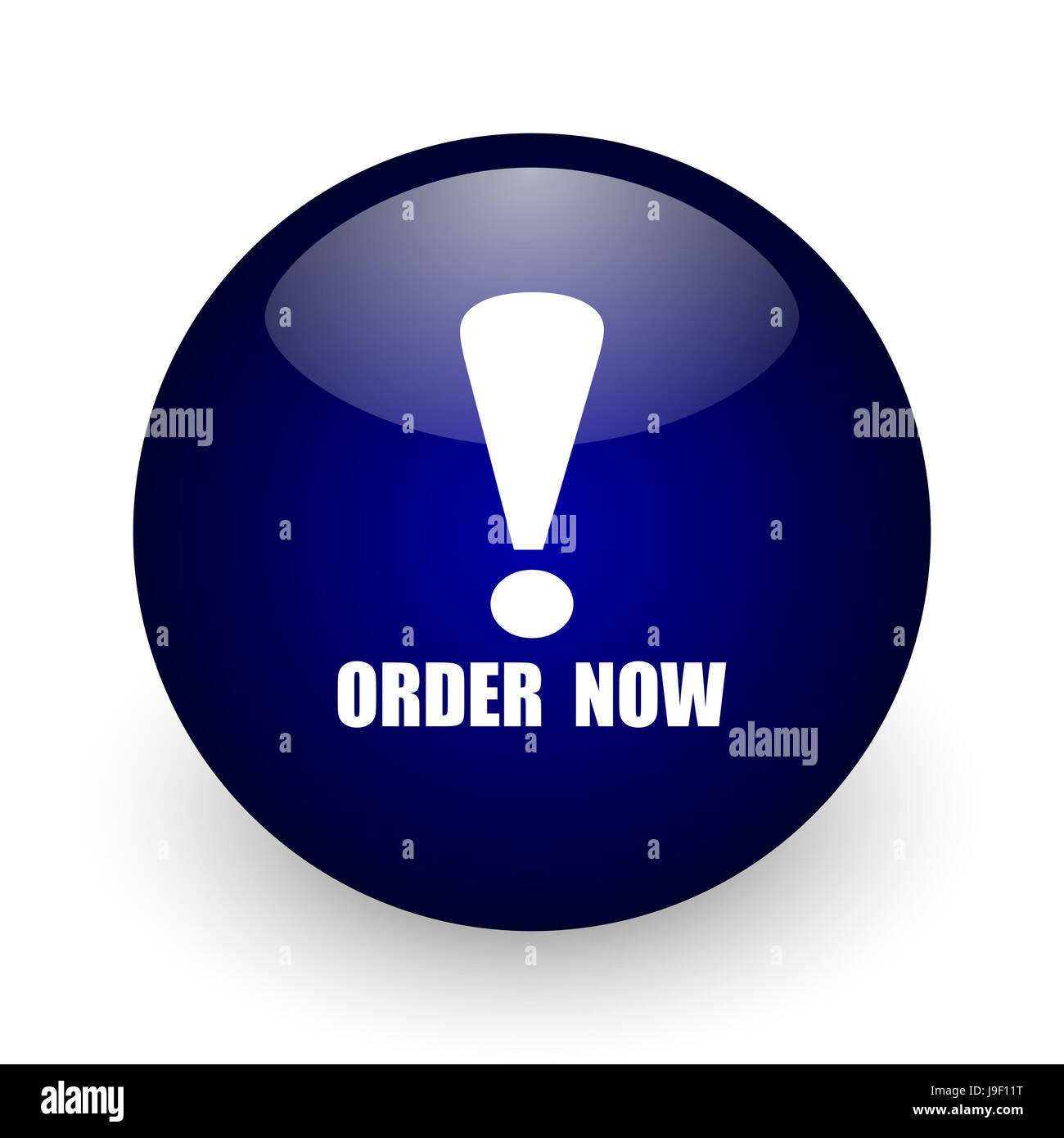Order now blue glossy ball web icon on white background. Round 3d ...