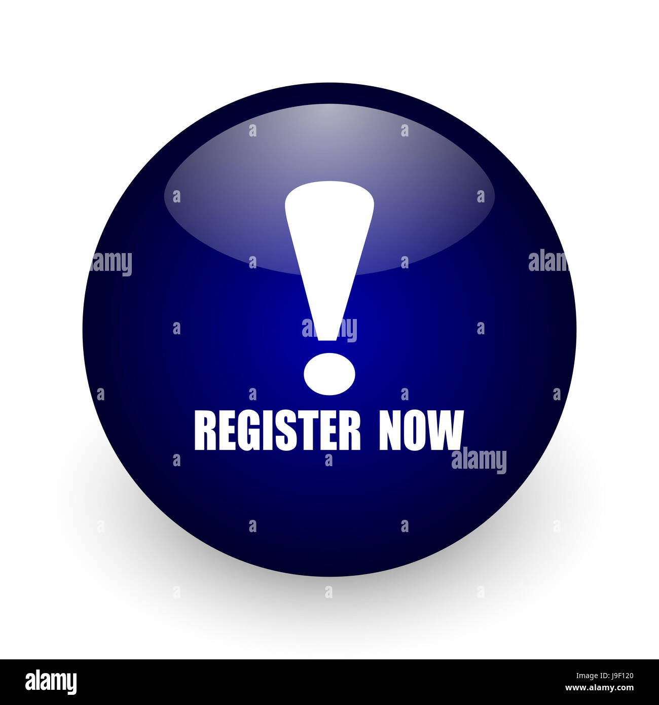 Register now blue glossy ball web icon on white background. Round 3d ...