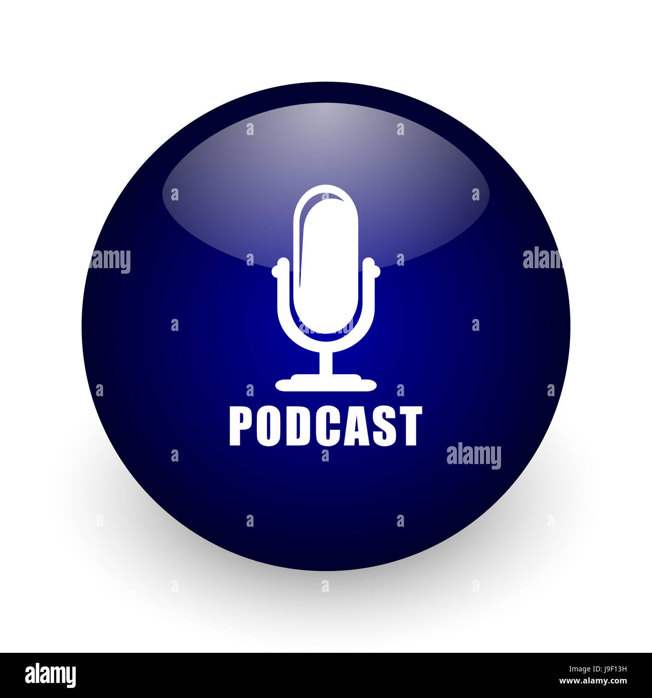 Podcast blue glossy ball web icon on white background. Round 3d render ...