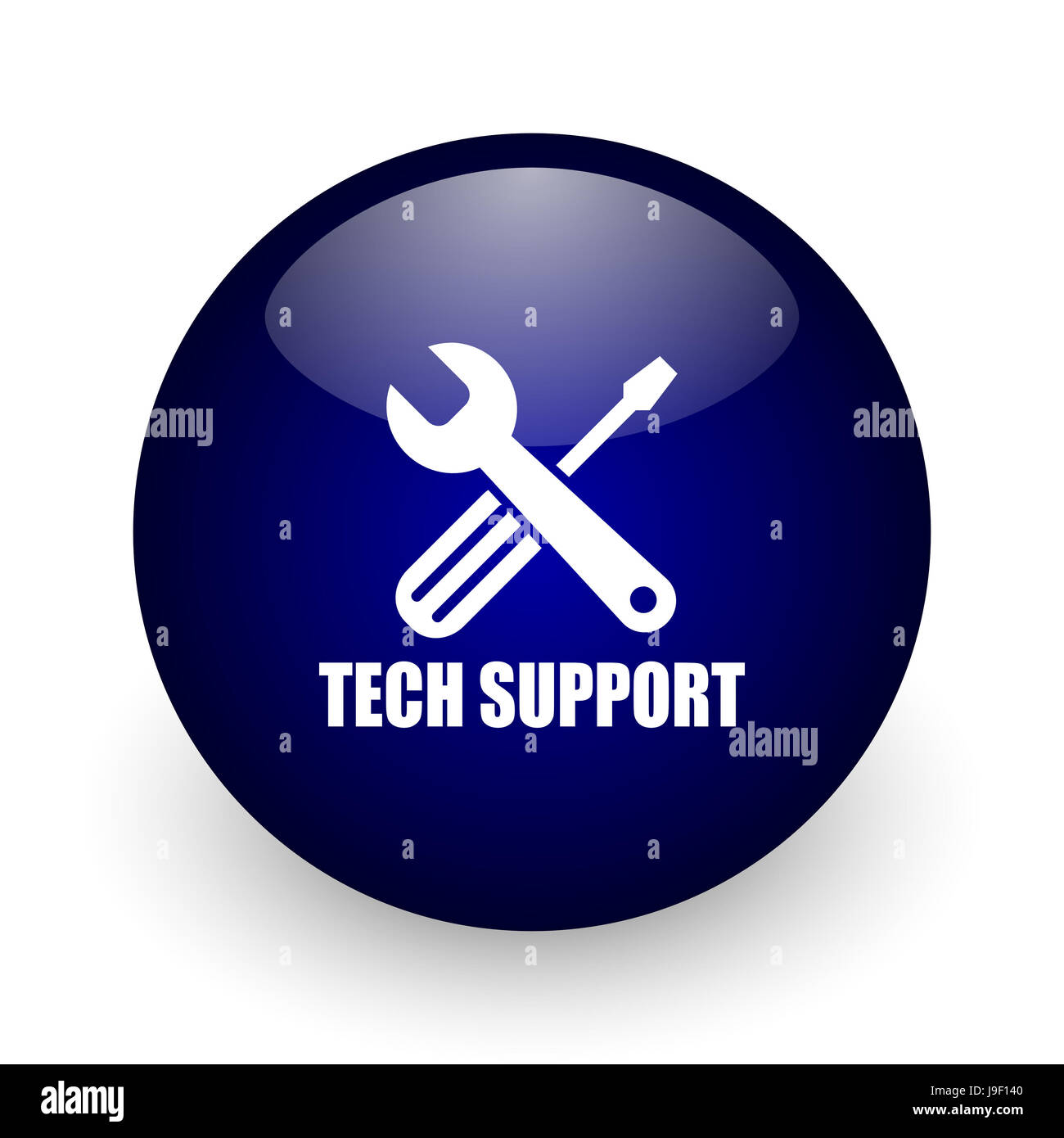 Technical support blue glossy ball web icon on white background. Round ...
