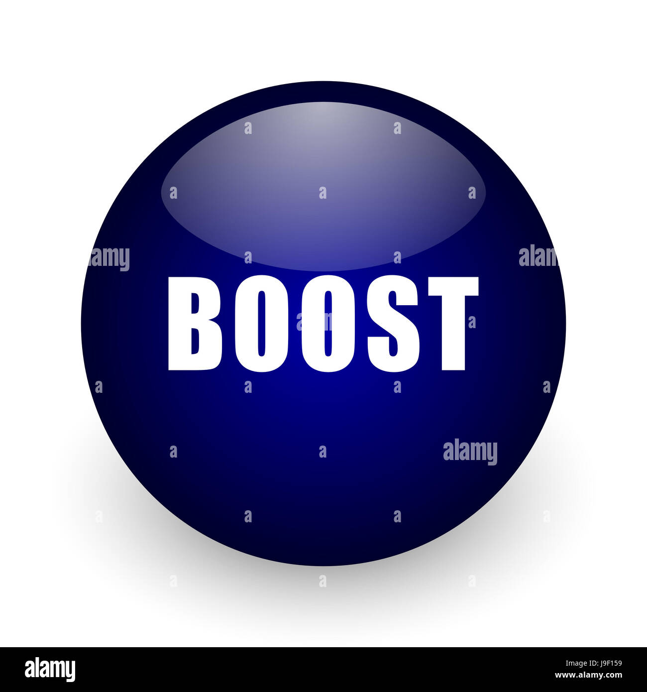 Boost blue glossy ball web icon on white background. Round 3d render ...