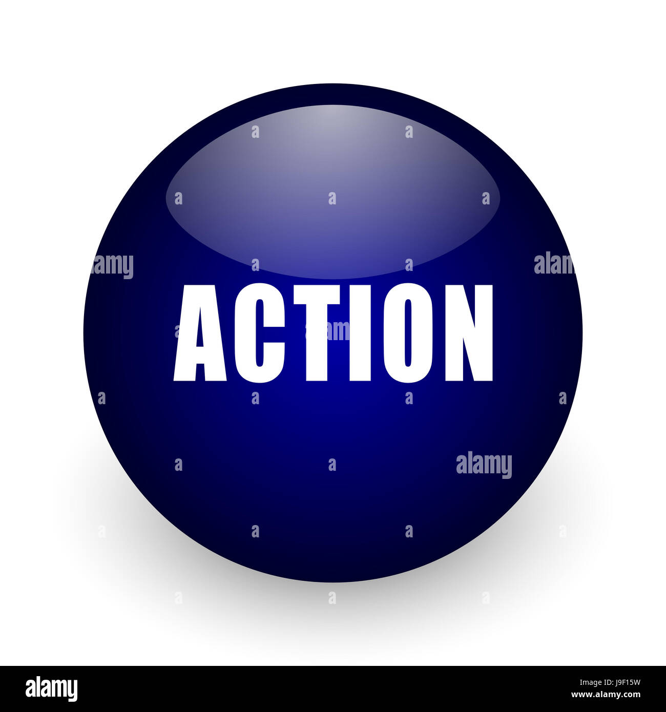 Action blue glossy ball web icon on white background. Round 3d render ...