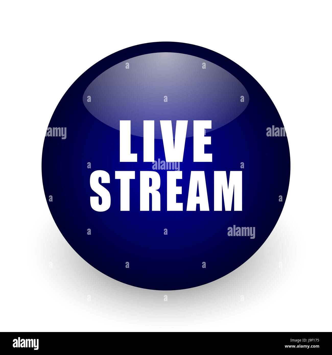 Live stream blue glossy ball web icon on white background. Round 3d ...